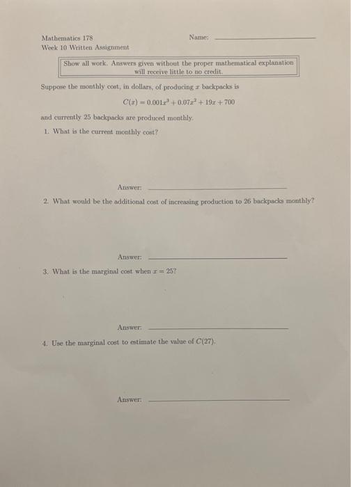 Solved Mathematics 178 Names: Week 10 Written Assignment | Chegg.com