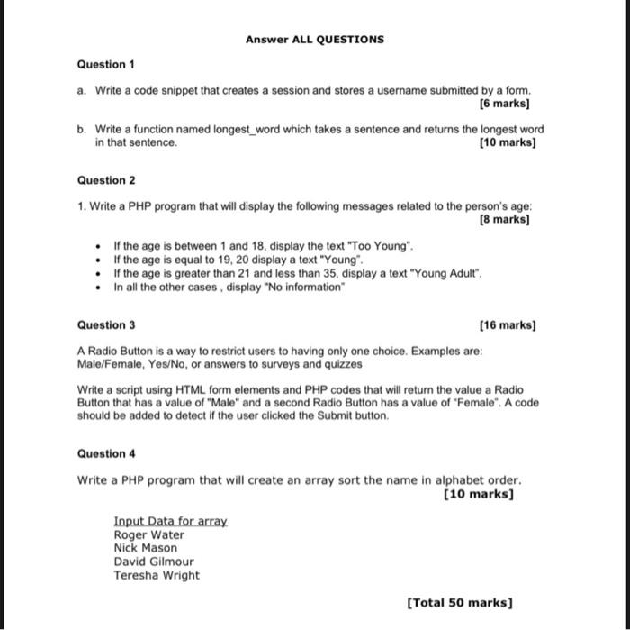 Solved Answer ALL QUESTIONS Question 1 a. Write a code | Chegg.com