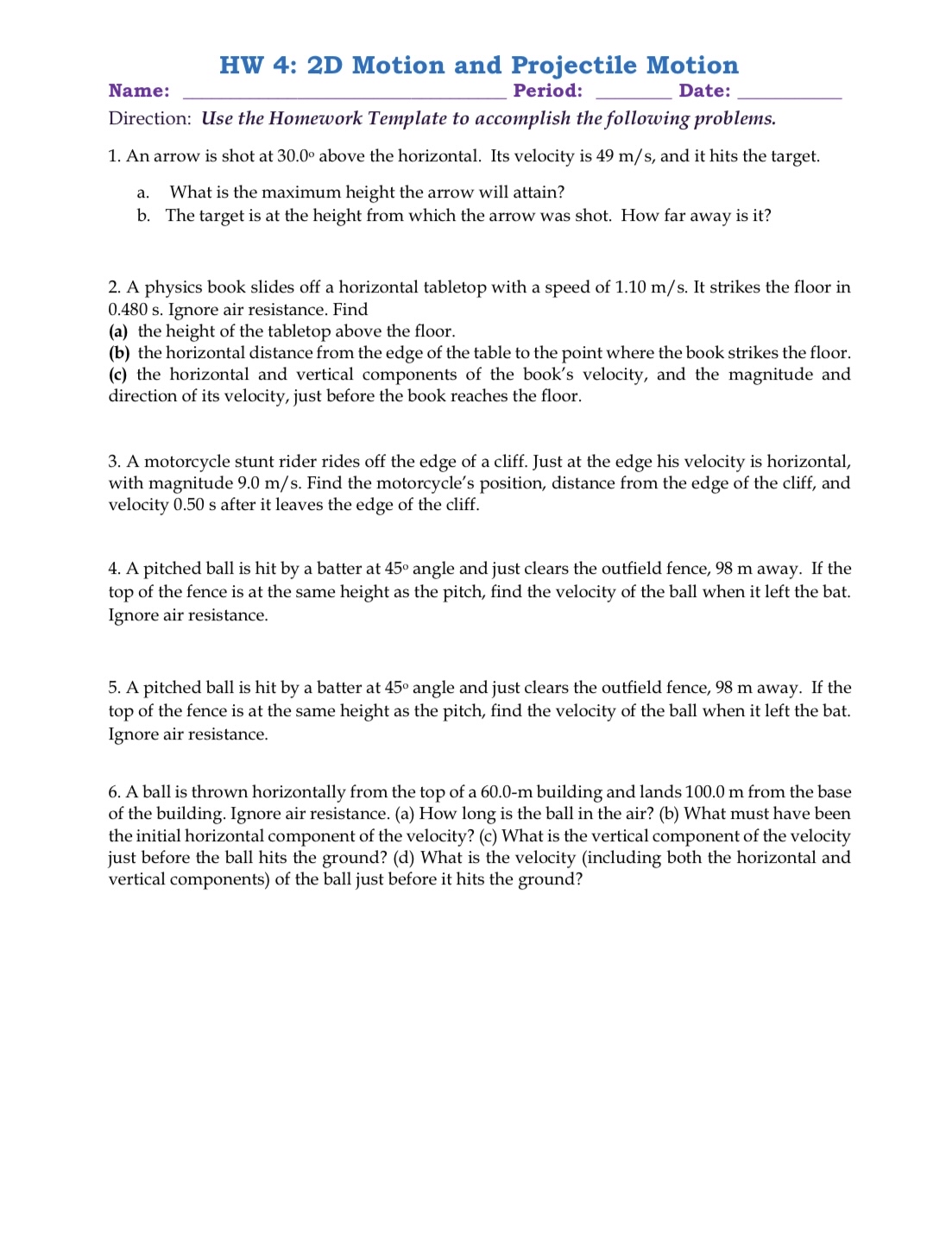 Solved HW 4: 2D Motion and Projectile MotionName: q, | Chegg.com