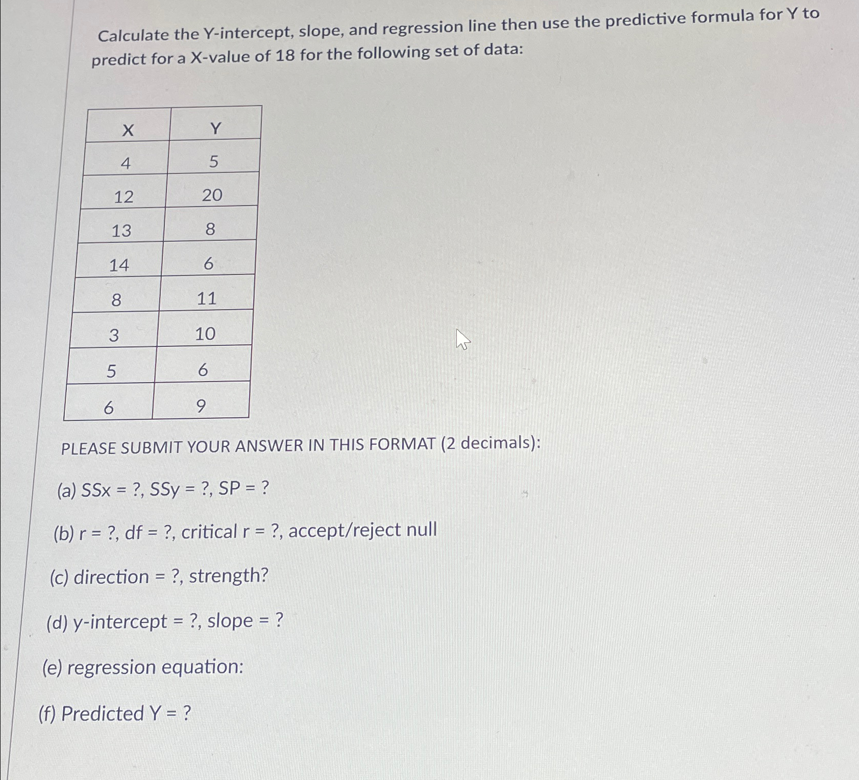 Solved Calculate the Y-intercept, slope, and regression line | Chegg.com