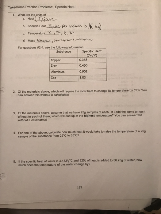 Solved Take-home Practice Problems: Specific Heat 1. What | Chegg.com