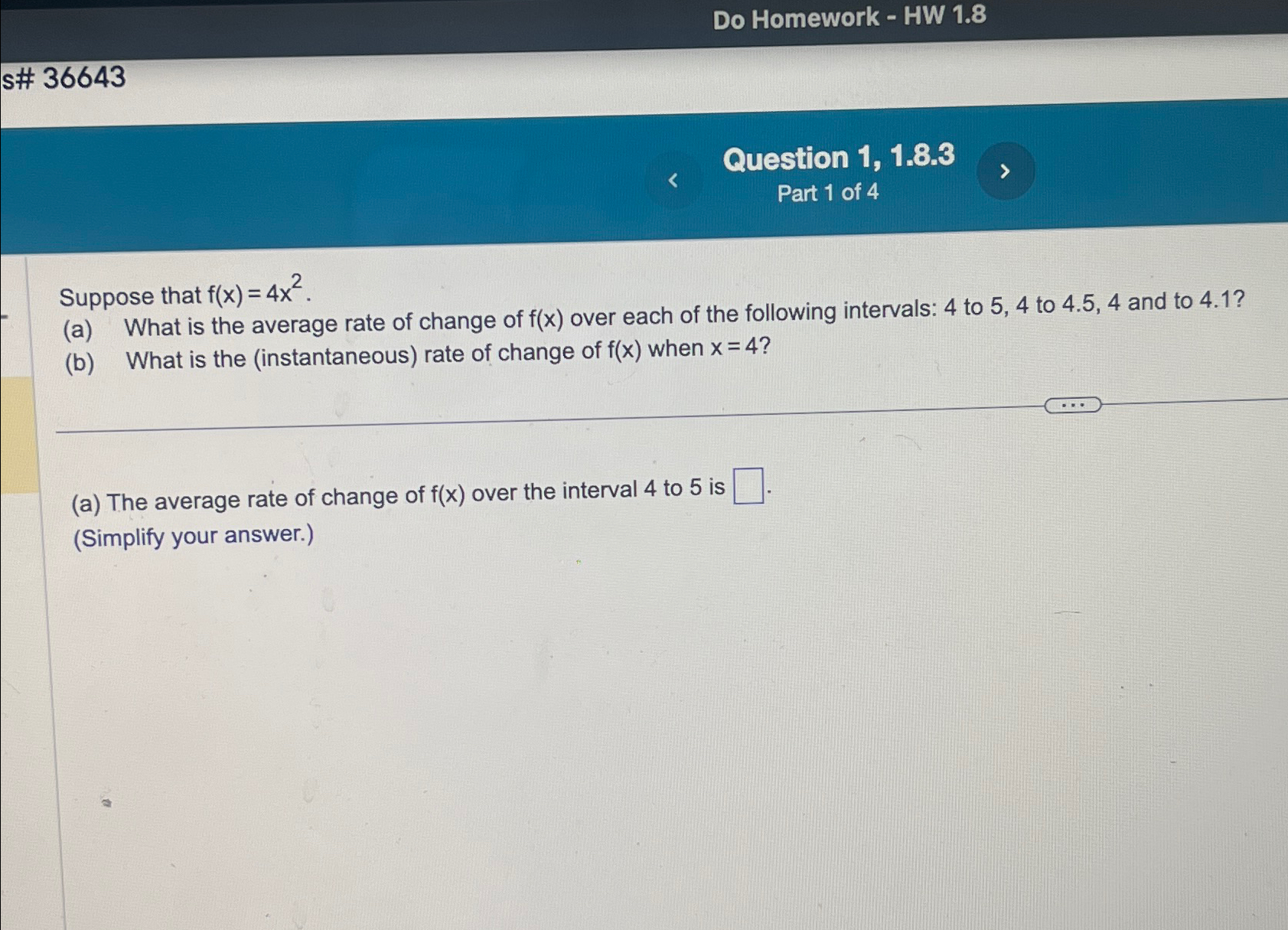 Solved Do Homework - ﻿HW 1.8s# 36643Question 1, 1.8.3 ﻿Part | Chegg.com