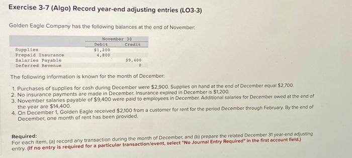 Solved Exercise 3-7 (Algo) Record year-end adjusting entries | Chegg.com