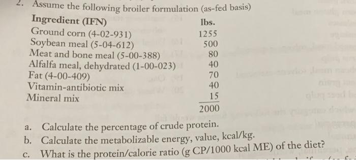 Solved Assume the following broiler formulation (as-fed | Chegg.com