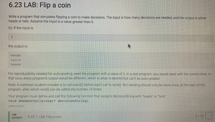 Solved 623 Lab Flip A Coin Write A Program That Simulates 