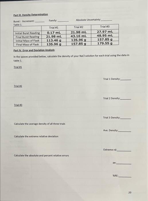 Solved Part III. Density Determination Buret : Increment: | Chegg.com