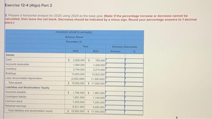 Solved Exercise 12-2 (Algo) Prepare vertical analysis | Chegg.com