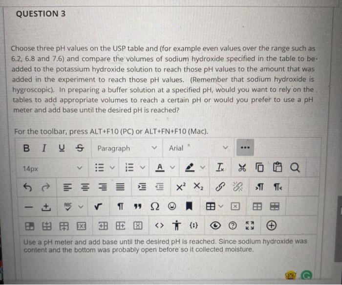 QUESTION 3 Choose three pH values on the USP table | Chegg.com