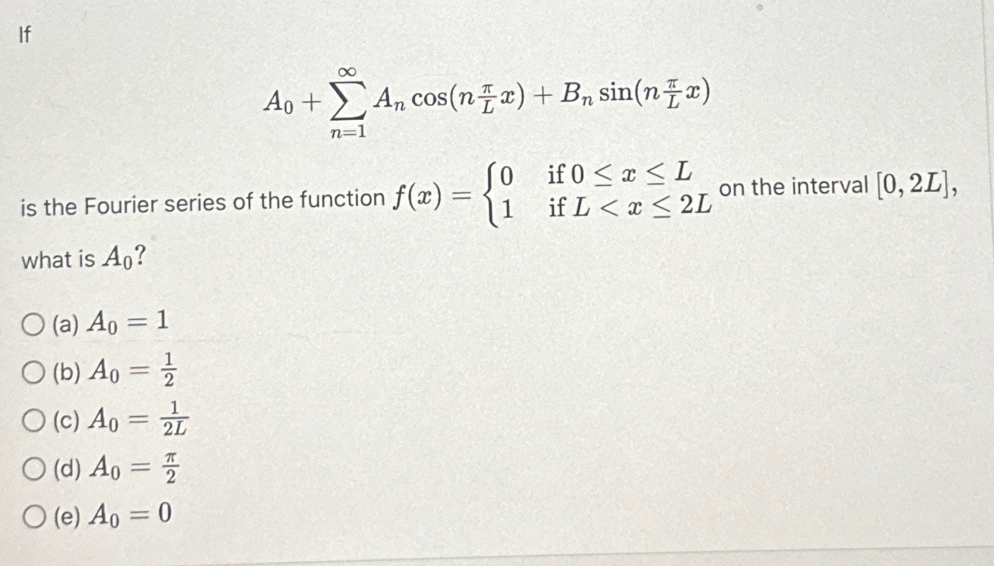 Solved A0+∑n=1∞Ancos(nπLx)+Bnsin(nπLx)is the Fourier series | Chegg.com