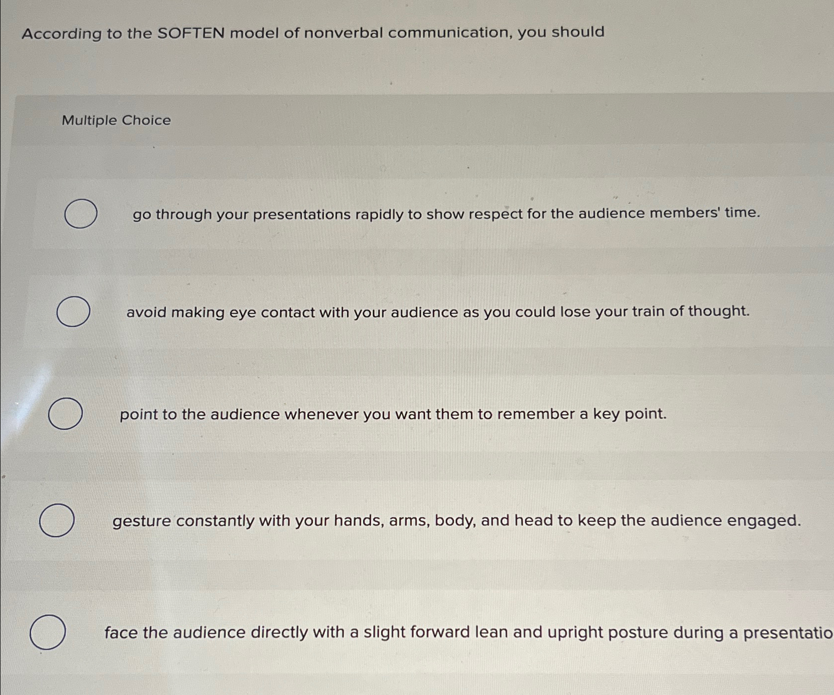 Solved According to the SOFTEN model of nonverbal | Chegg.com