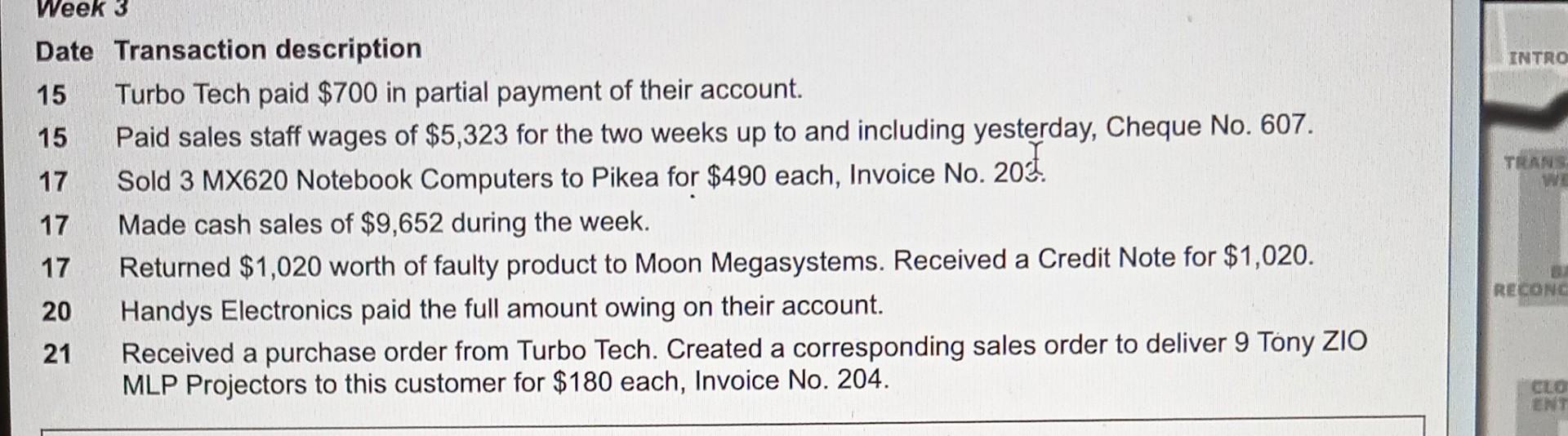 Solved Week 3 Date Transaction description 15 Turbo Tech | Chegg.com