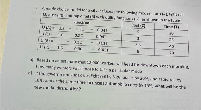 Solved 2. A mode choice model for a city includes the | Chegg.com