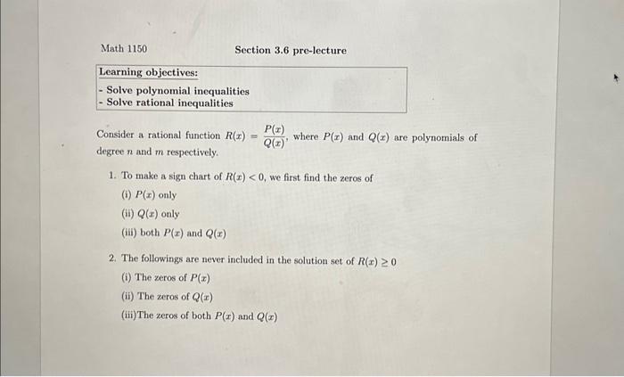 Solved Learning objectives: - Solve polynomial inequalities | Chegg.com