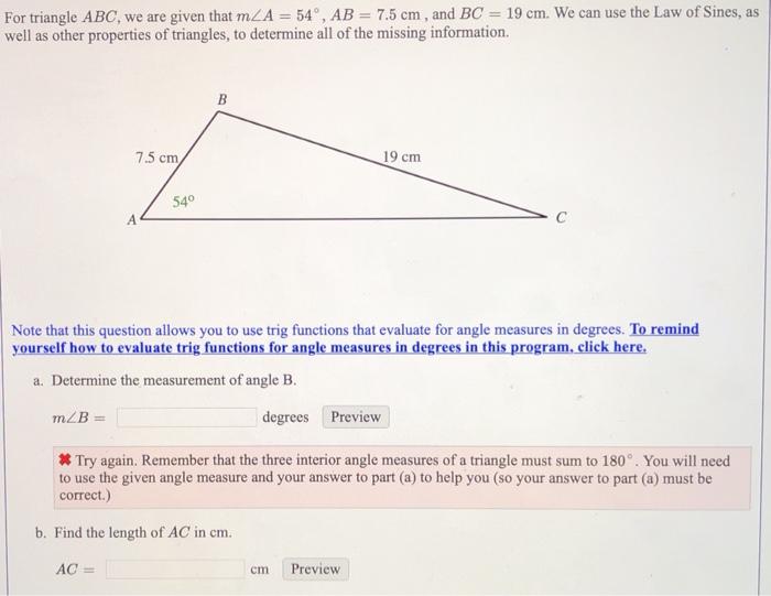 Solved For triangle ABC, we are given that mLA = 54', AB = | Chegg.com