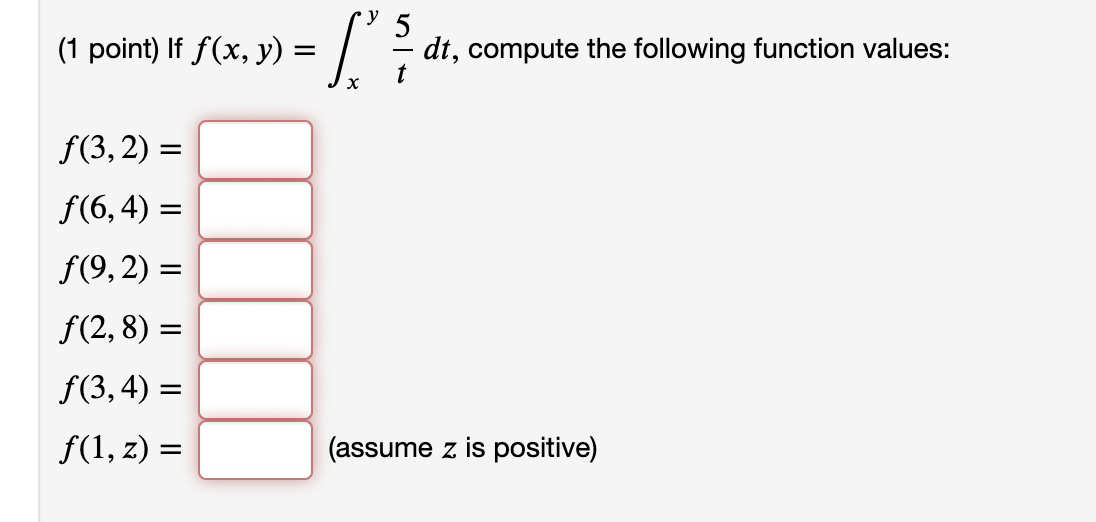 Solved (1 ﻿point) ﻿If f(x,y)=∫xy5tdt, ﻿compute the following | Chegg.com