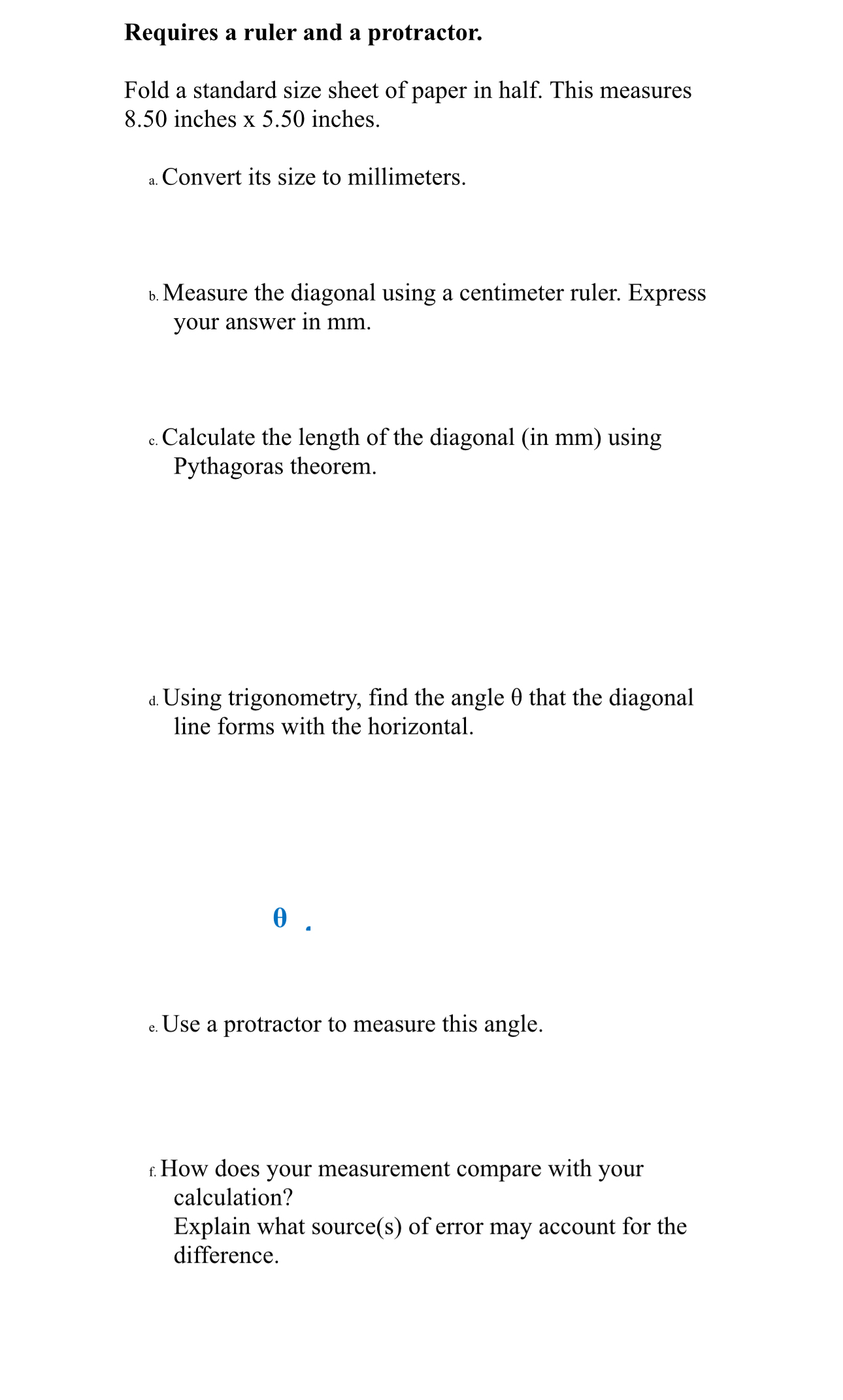 Solved Requires a ruler and a protractor.Fold a standard | Chegg.com