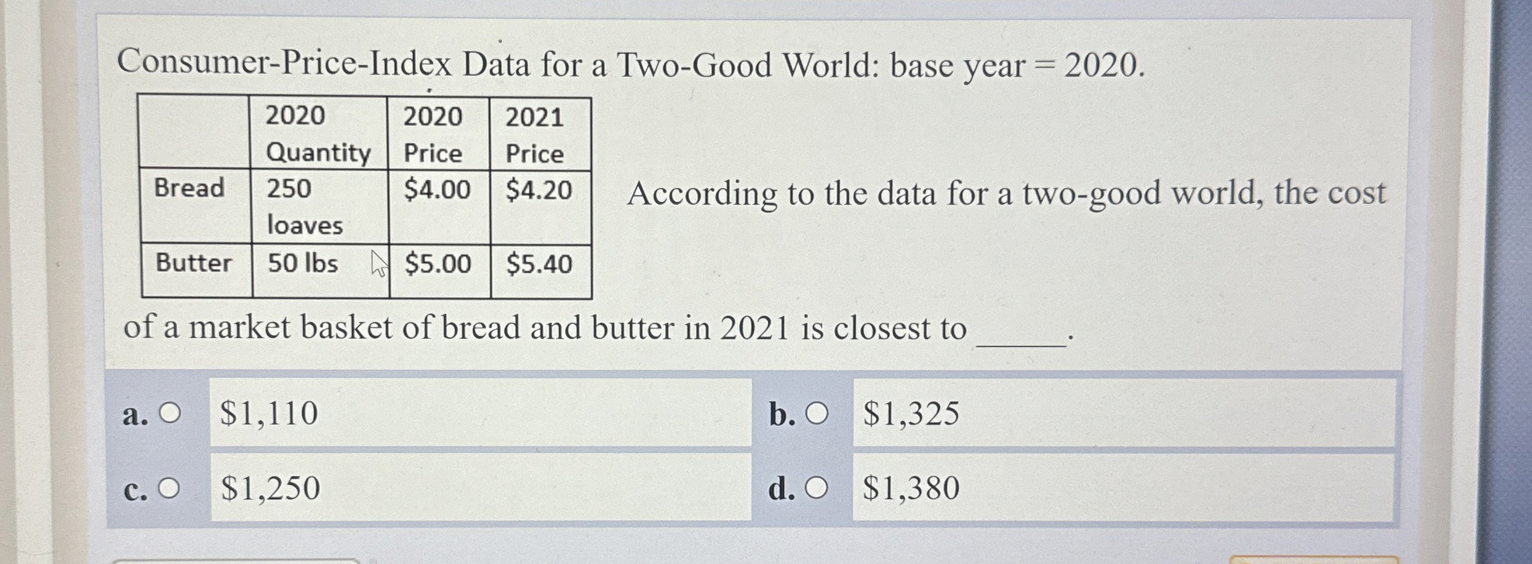Solved Consumer-Price-Index Data for a Two-Good World: base | Chegg.com