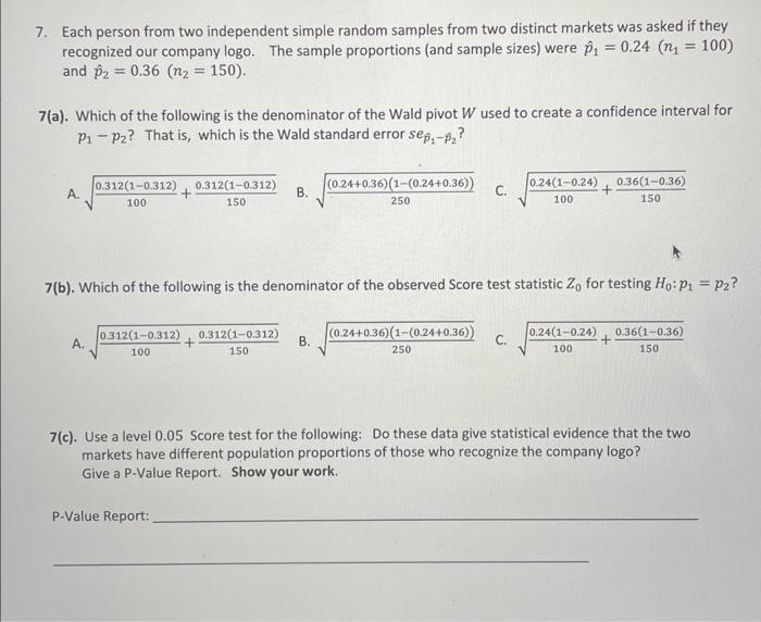 Solved 7. Each person from two independent simple random | Chegg.com