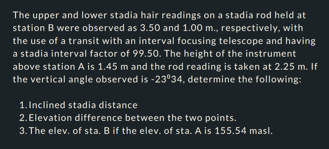 Solved The upper and lower stadia hair readings on a stadia | Chegg.com