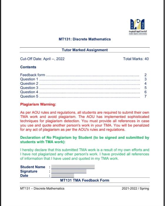 Solved oth Gopala M MT131: Discrete Mathematics 3 4 5 6 NON | Chegg.com