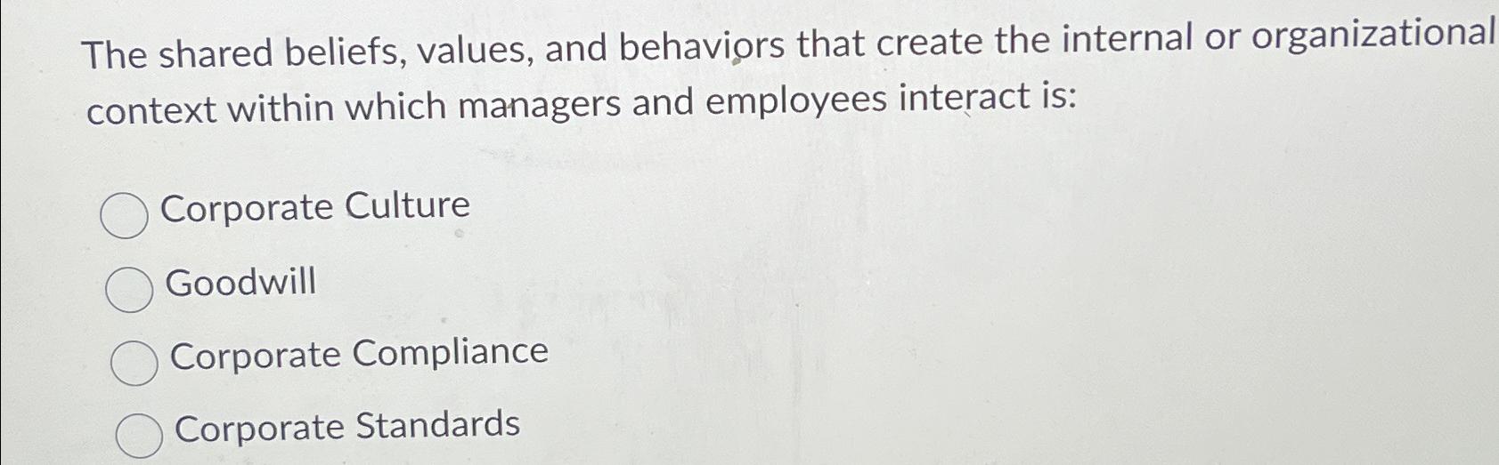 Solved The shared beliefs, values, and behaviors that create | Chegg.com