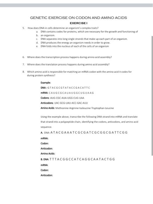 [Solved]: GENETIC EXERCISE ON CODON AND AMINO ACIDS EXERCIS