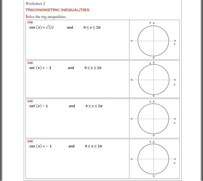Solved Worksheet 1 TRIGONOMETRIC INEQUALITIES Solve the trig | Chegg.com