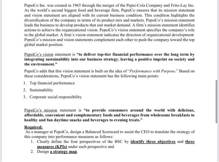 Solved PepsiCo Inc. was created in 1965 through the merger | Chegg.com