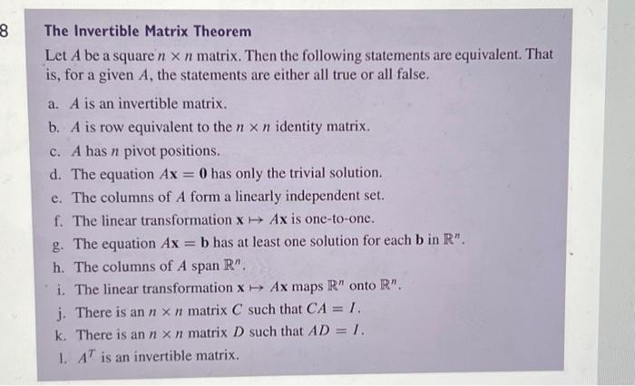 Solved The Invertible Matrix Theorem Let A be a square n×n | Chegg.com
