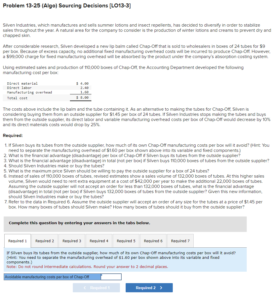 Solved Problem 13-25 (Algo) ﻿Sourcing Decisions | Chegg.com