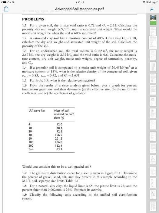 Solved PROBLEMS 1.1 For a given soil, the in situ void ratio | Chegg.com