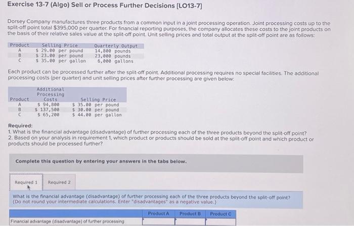 Solved Exercise 13-7 (Algo) Sell or Process Further | Chegg.com
