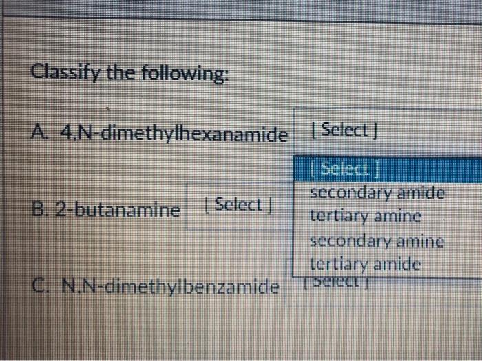 Solved Classify the following: A. 4,N-dimethylhexanamide 1 | Chegg.com