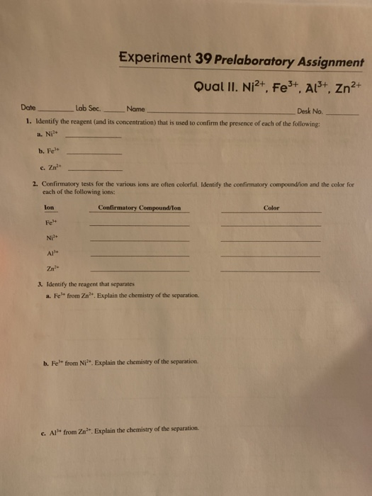 Solved Experiment 39 Prelaboratory Assignment Qual II. Ni2+, | Chegg.com