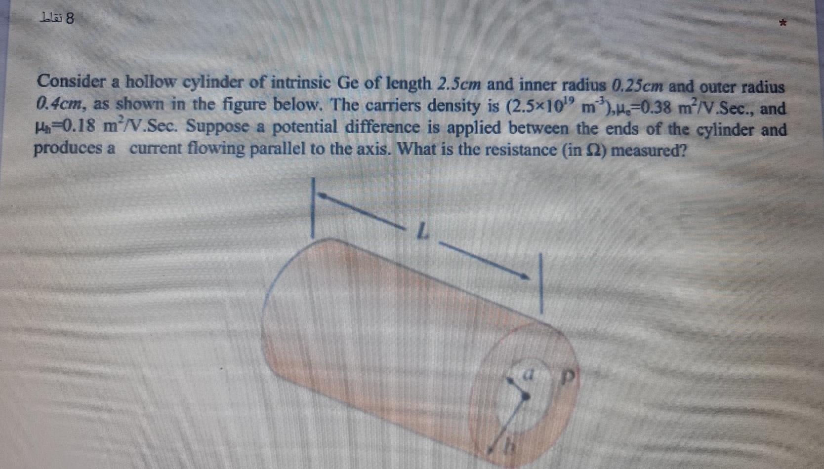 Solved 8 نقاط Consider a hollow cylinder of intrinsic Ge of | Chegg.com