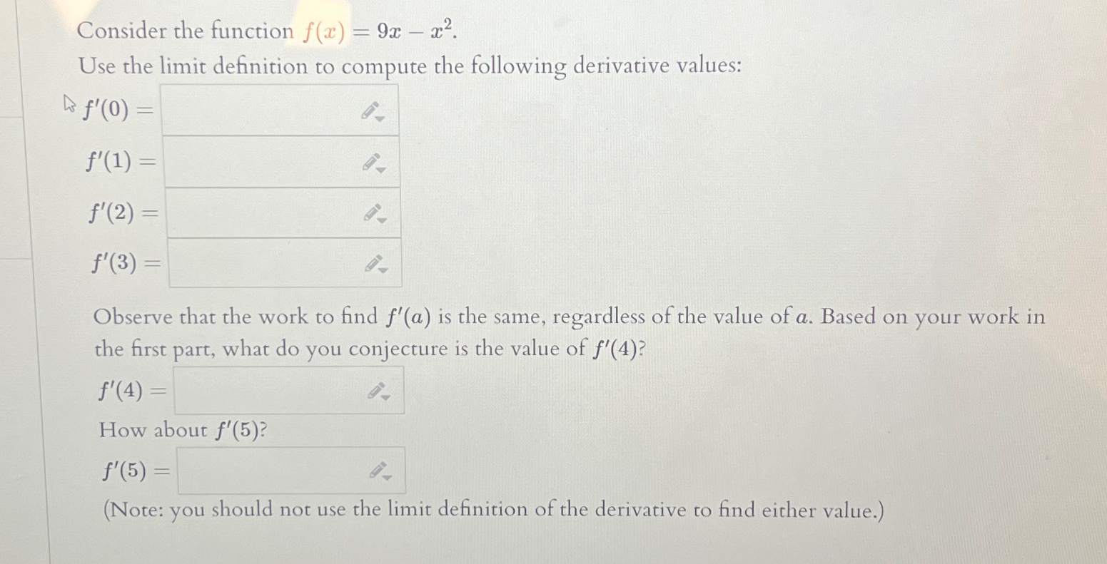 Solved Consider the function f(x)=9x-x2.Use the limit | Chegg.com