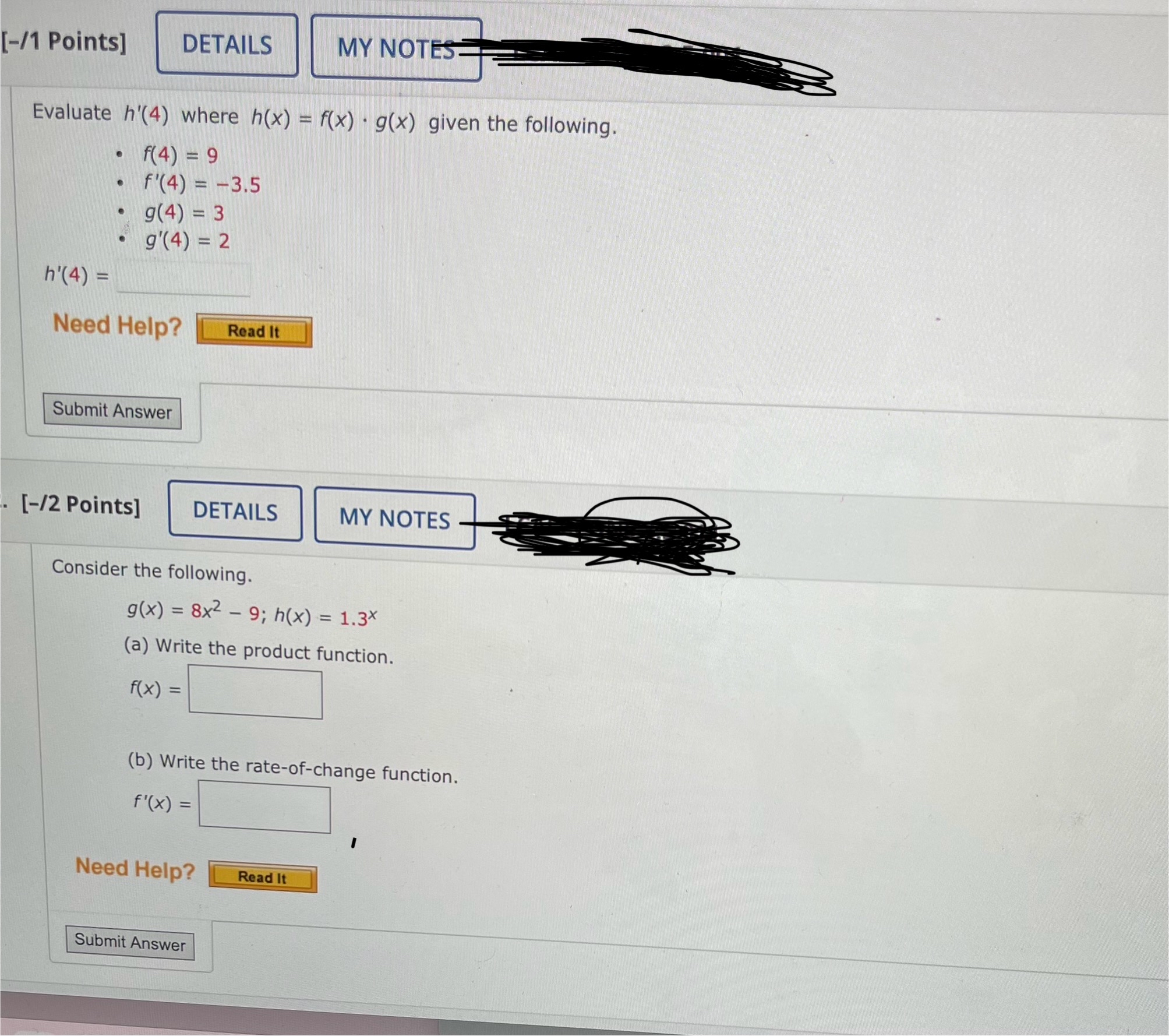 Solved [-/1 ﻿Points] Evaluate h'(4) ﻿where h(x)=f(x)*g(x) | Chegg.com