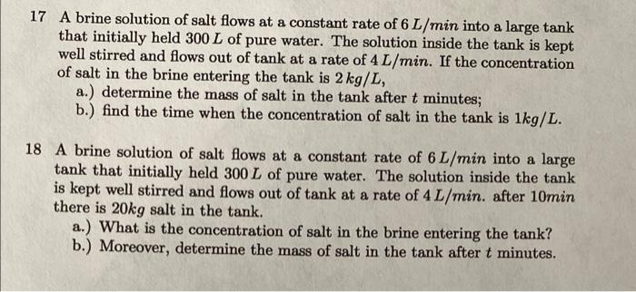 Solved 17 A brine solution of salt flows at a constant rate | Chegg.com
