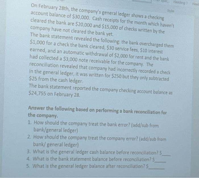 Solved account balance of $30,000. cleared the bank are | Chegg.com