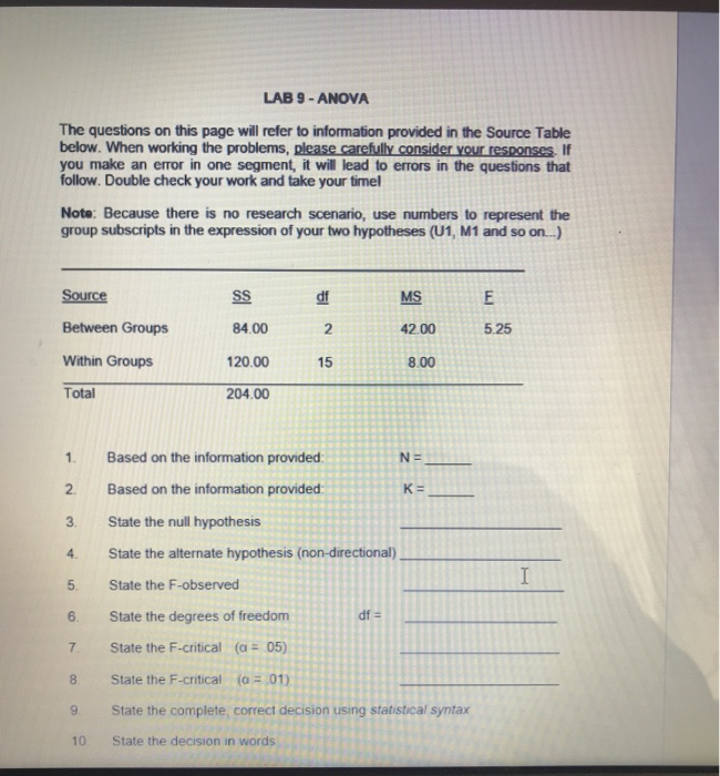 Solved LAB 9 - ANOVA The questions on this page will refer | Chegg.com