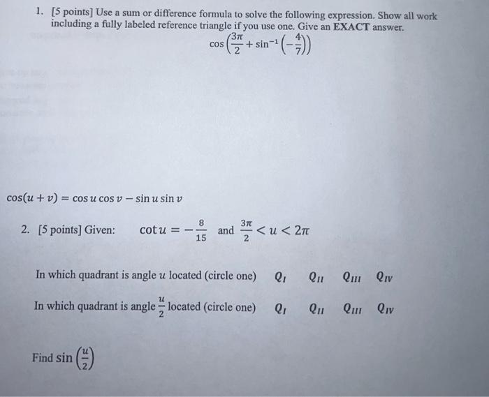 Solved 1. [5 points] Use a sum or difference formula to | Chegg.com