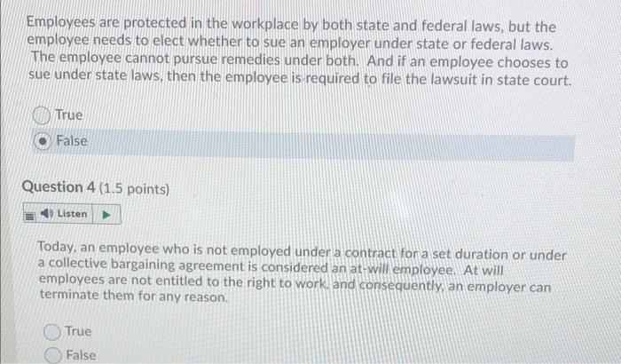 Solved Employees are protected in the workplace by both | Chegg.com