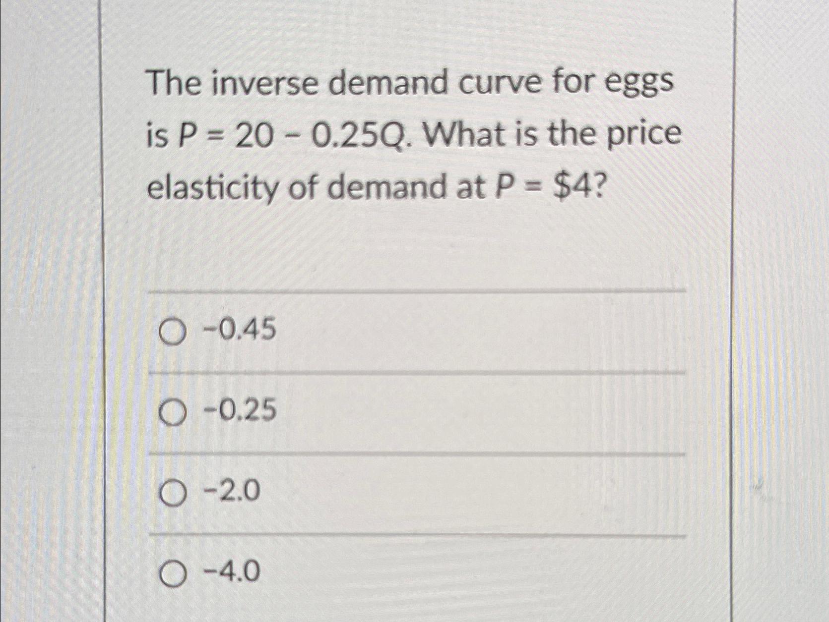 Solved The inverse demand curve for eggs is P=20-0.25Q. | Chegg.com