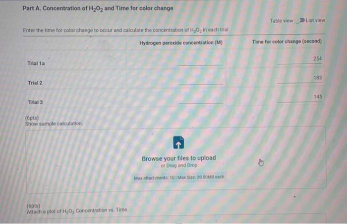 Solved Part A. Concentration of H2O2 and Time for color | Chegg.com