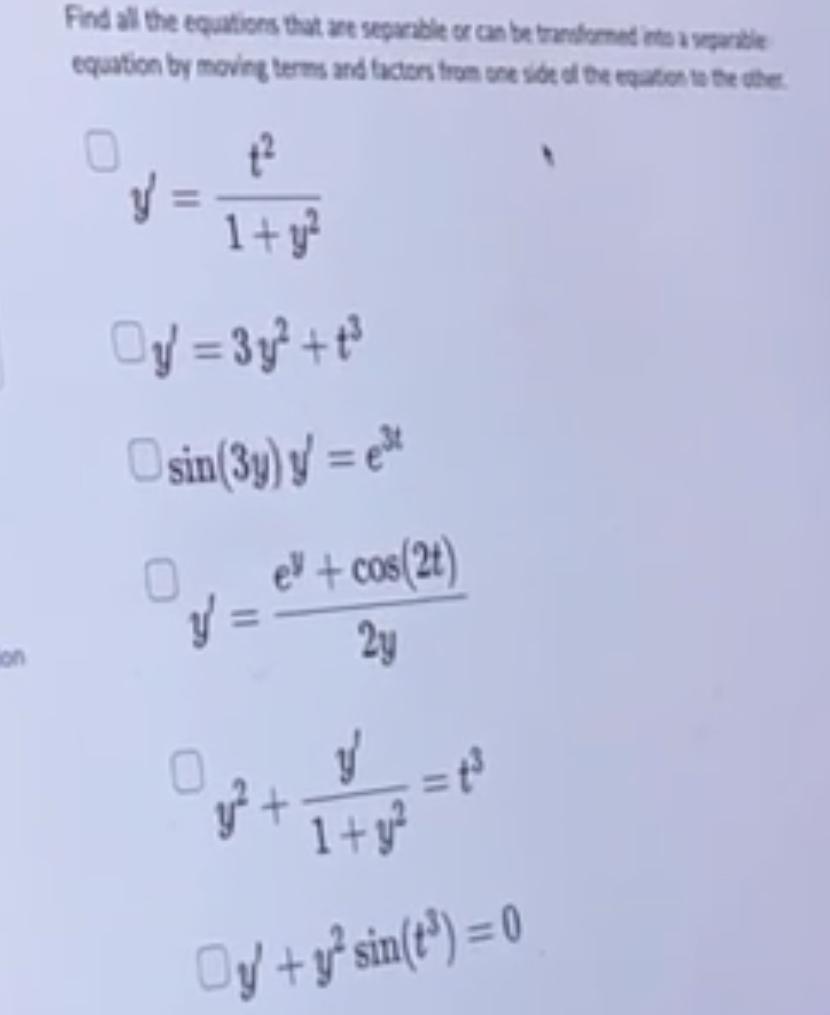 Solved y'=t21+y2y'=3y2+t3sin(3y)y'=e3ty'=ey+cos(2t)2yy2+y'1+ | Chegg.com