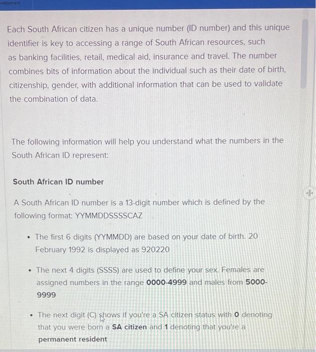 Solved Each South African citizen has a unique number (ID | Chegg.com