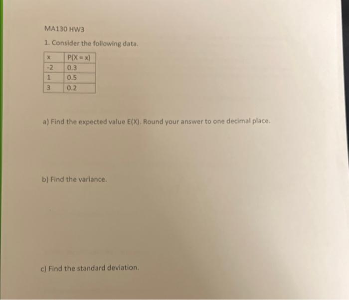 Solved MA130 HW3 1. Consider the following data. a) Find the | Chegg.com