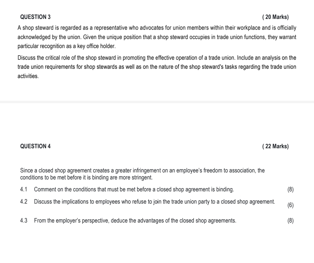 Solved QUESTION 3( 20 ﻿Marks)A shop steward is regarded as a | Chegg.com