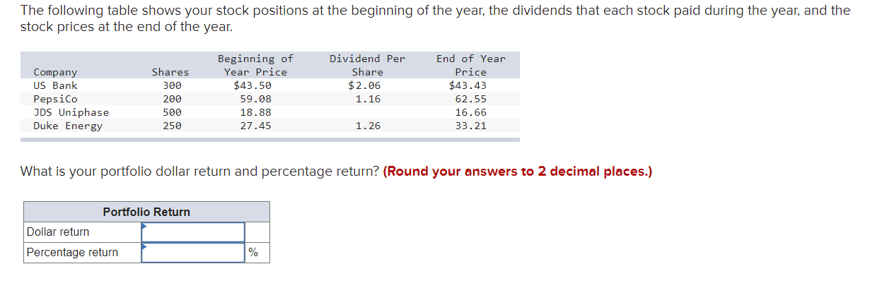 Solved The following table shows your stock positions at the | Chegg.com
