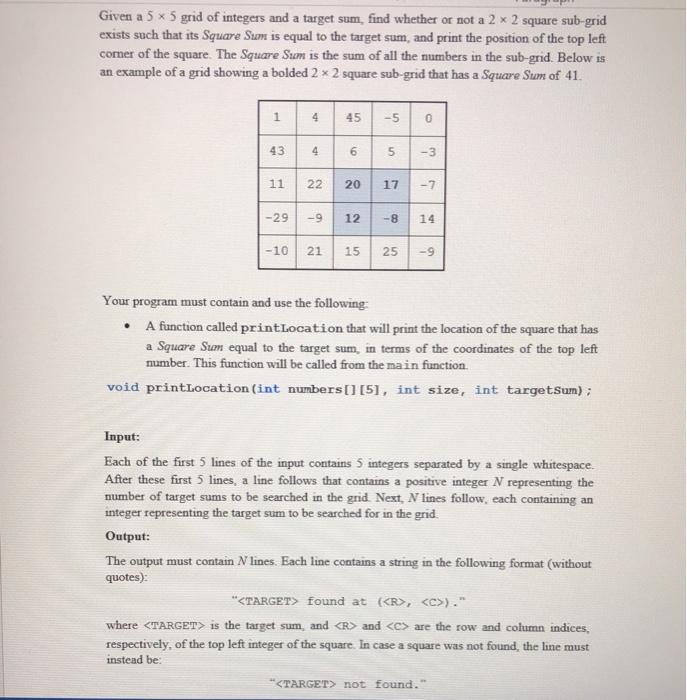 Solved Given a 5 x 5 grid of integers and a target sum, find | Chegg.com